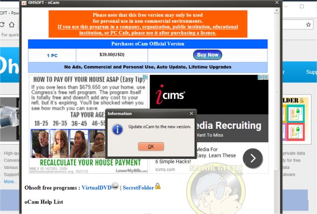 oCam Removed and Blacklisted Due to Malware, Popups, Nags and More - MajorGeeks