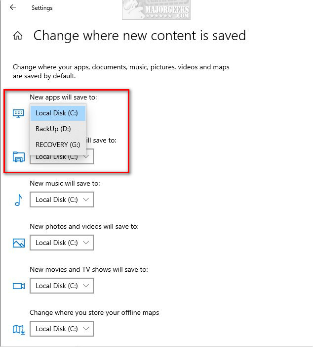 Change the Default Save Location for New Apps and Files - MajorGeeks