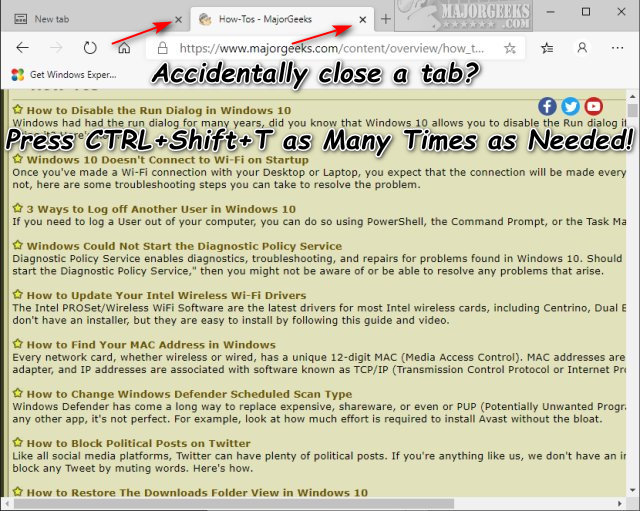 Restore Accidentally Closed Browser Tabs - MajorGeeks