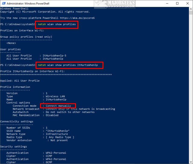Turn off - netsh wlan set profileparameter name='YourWirelessName ...