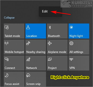 How to Add, Remove, or Rearrange Quick Actions in Windows 10 - MajorGeeks