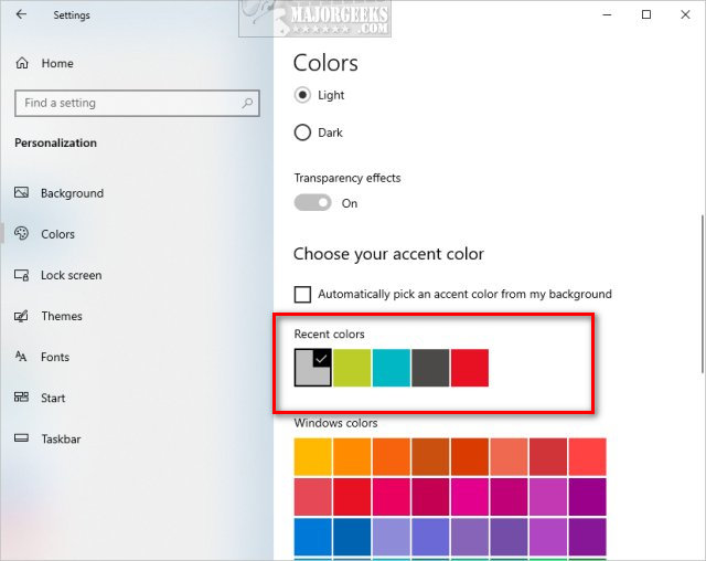 How to Clear Recent Accent Color History in Windows 10& 11 - MajorGeeks