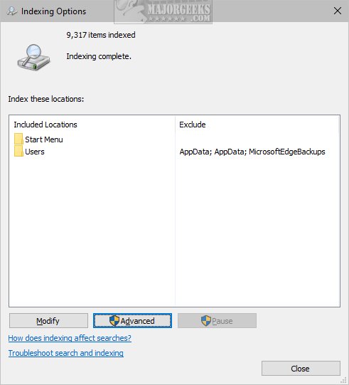 How to Enable or Disable Advanced Indexing Options - MajorGeeks