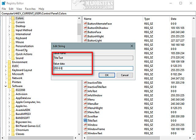 How to Change Active Title Bar Text Color in Windows 10 & 11 - MajorGeeks