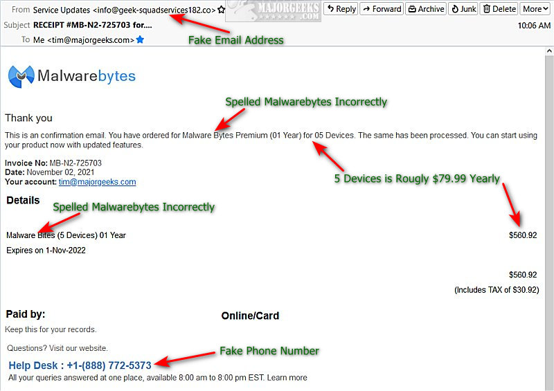 Scam Alert: Malwarebytes Confirmation and Invoice Emails - MajorGeeks