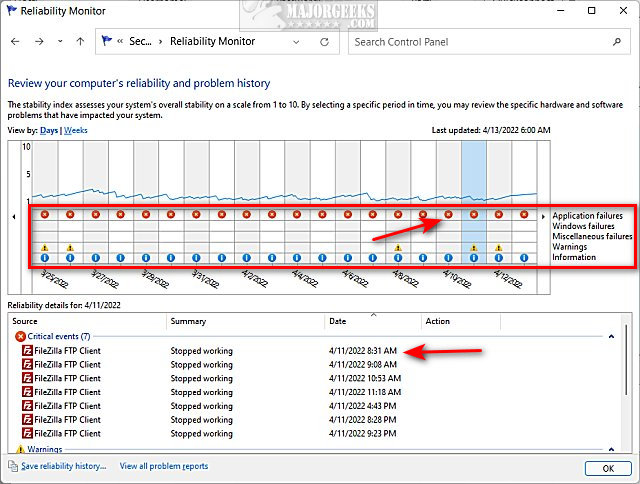 How to View Your Reliability History in Windows 10 & 11 - MajorGeeks