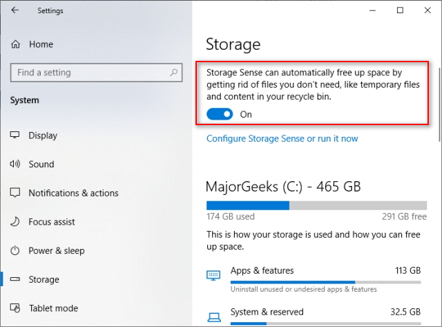 You will also see an option to Configure Storage Sense or run it now ...