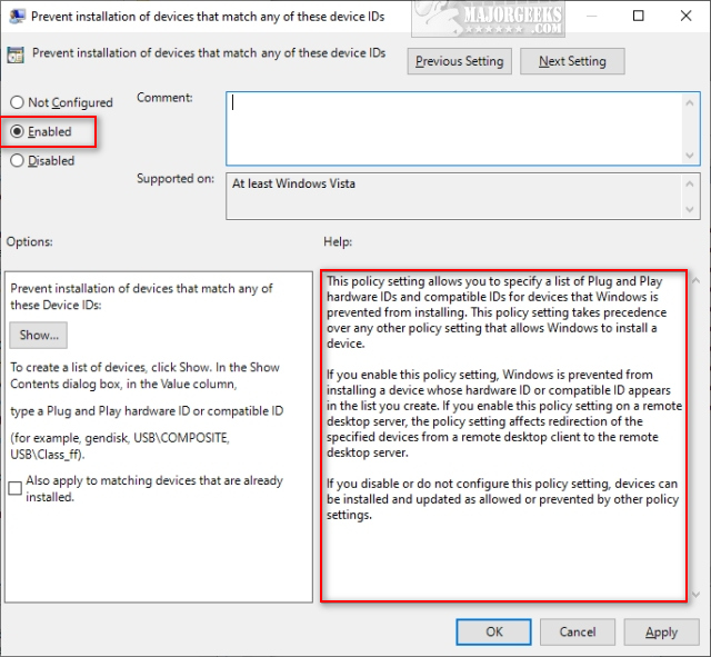 On the right-hand side, there is a further explanation of the Enabled ...