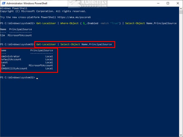 Enabled Accounts - Get-LocalUser | Where-Object { $_.Enabled -match ...