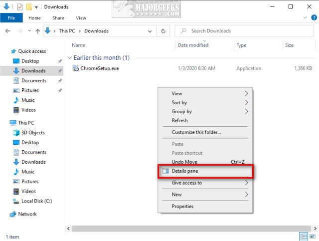 Download Add Details Pane to the File Explorer Context Menu from MajorGeeks and extract the ...
