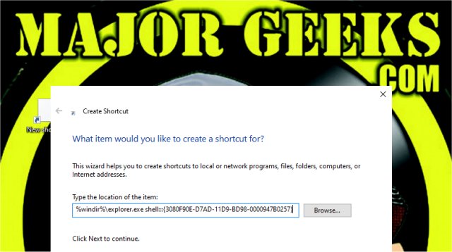 Type in %windir%explorer.exe shell:::{3080F90E-D7AD-11D9-BD98-0000947B0257} , and click Next