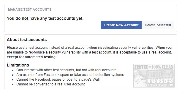 To create a test account go to https://www.facebook.com/whitehat ...