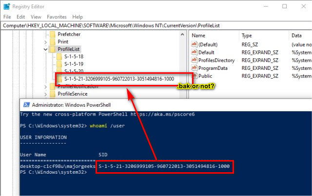 Expand ProfileList , and find the registry key that matches your SID in ...