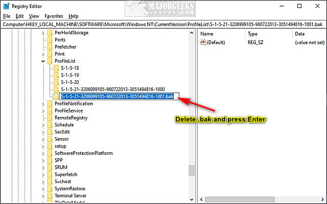 Right-click on the key with the .bak extension, and click Rename ...