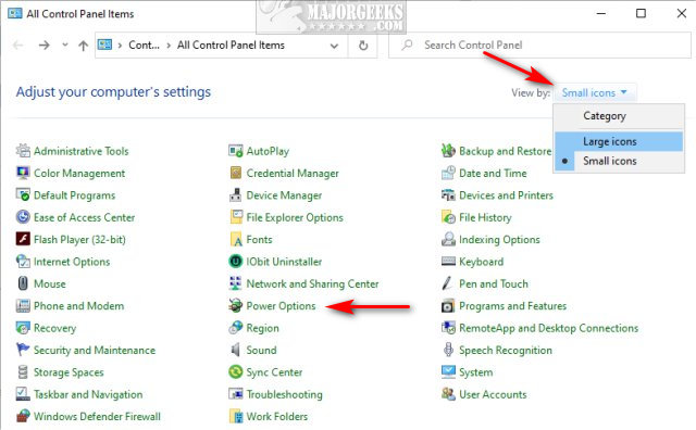 Click on Power Options . If you don't see Power Options, click on Small ...