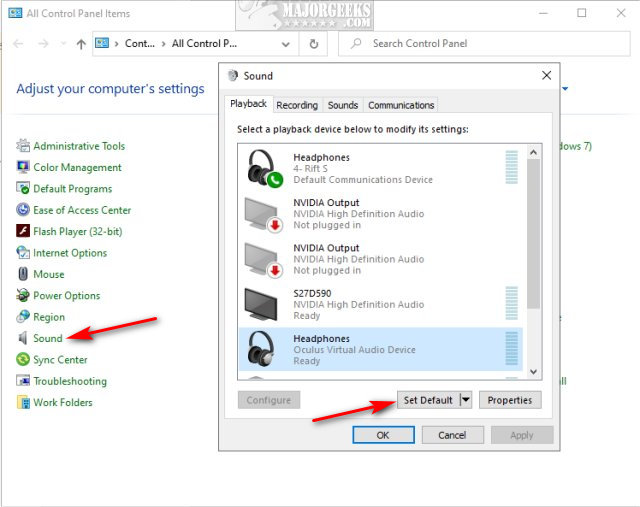 Click on the preferred sound output device, and click on Set Default