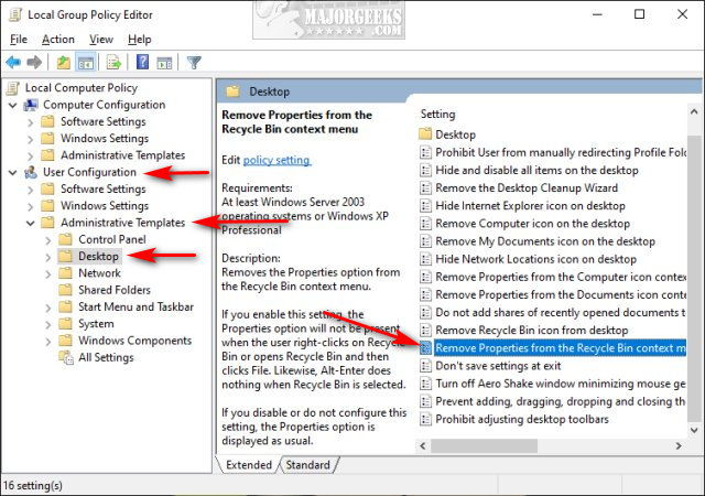 Double-click Remove Properties from the Recycle Bin context menu on the right.