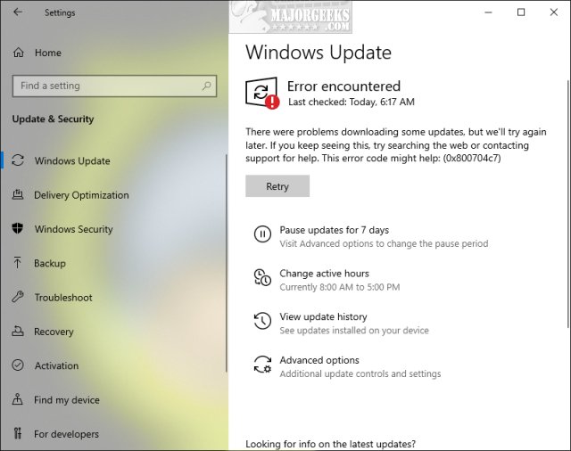 1: Windows Update Error 0x800704c7 - Reboot or Retry