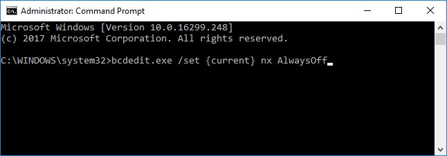 To disable DEP type in bcdedit.exe /set {current} nx AlwaysOff and to ...