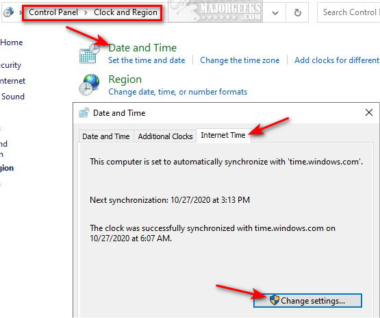 Be sure Synchronize with an Internet time server is checked, and click ...
