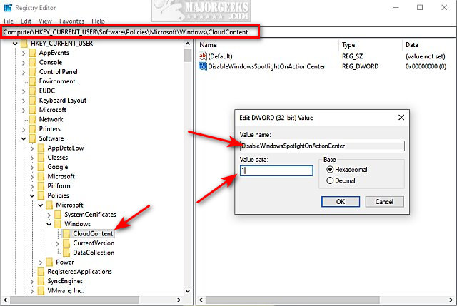 You can change the Value data back to 0 to restore the Spotlight ...