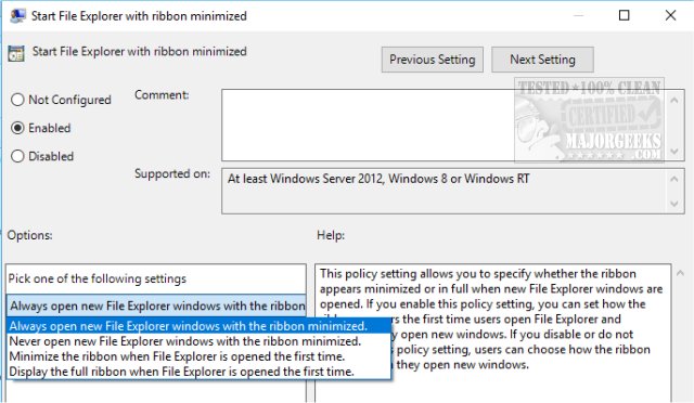 Check the Enabled box, then click on Always open new File Explorer ...