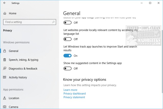 Click on Start > Settings > Privacy . You should already be in the General tab of Privacy, so ...