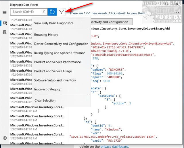 Next, to the Refresh icon, you will find event category filter options ...