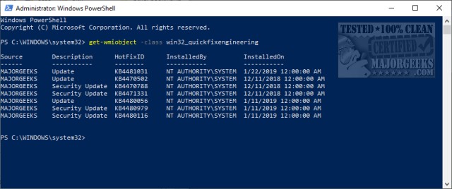 You can also get the update history on remote computers by typing in wmic /node: 'computer name ...
