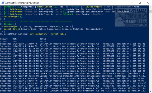 Select-Object Result, Date, Title, SupportUrl, Product, UpdateId, RevisionNumber