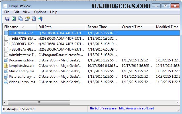 Download JumpListsView - MajorGeeks