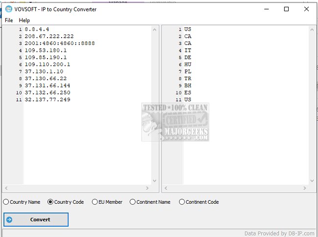 Download VOVSOFT IP to Country Converter 1.3 - MajorGeeks